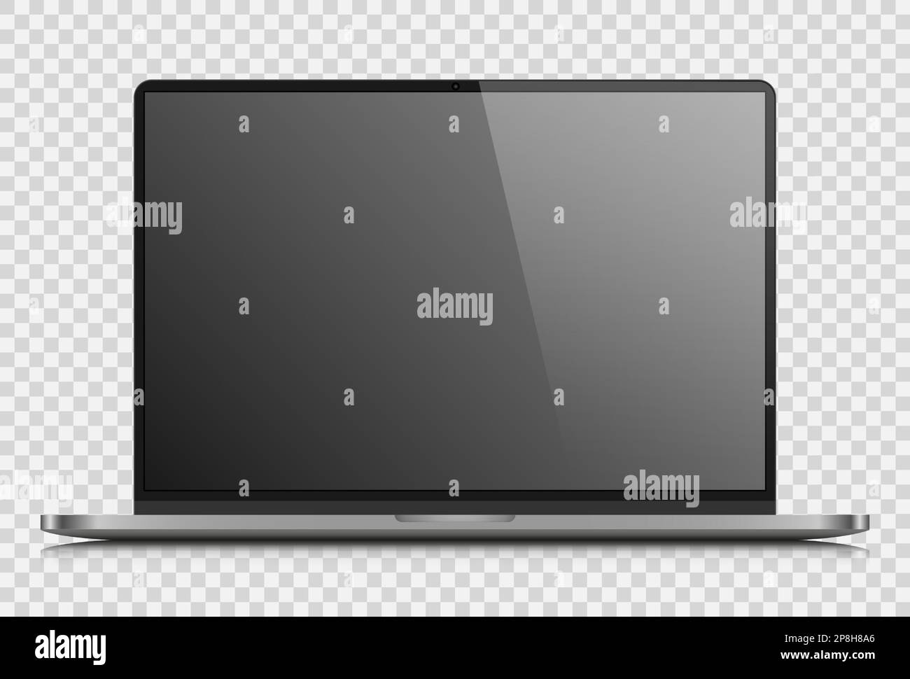 A laptop layout with a dark gray screen on a transparent background ...