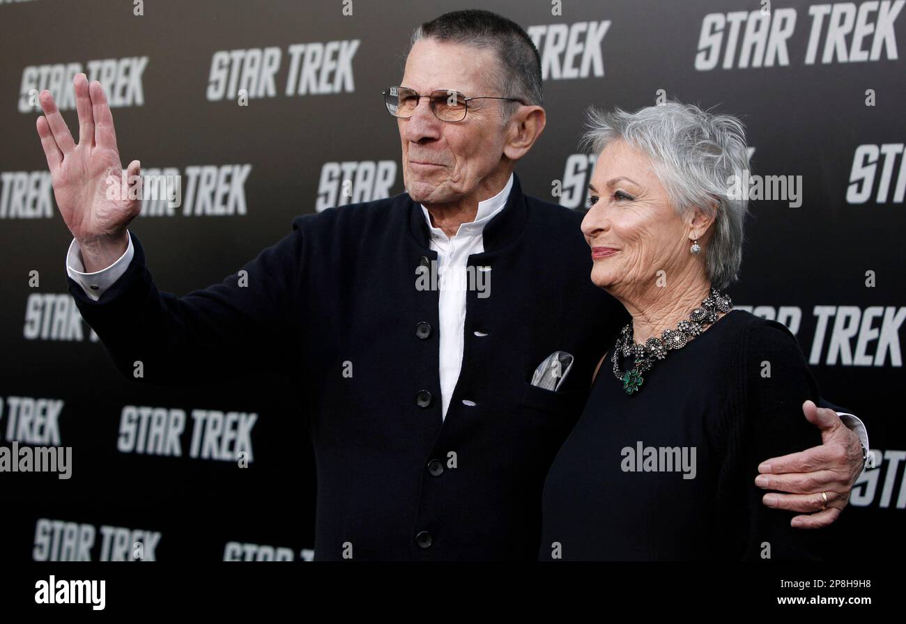 Cast member Leonard Nimoy, left, and his wife, Susan Bay, arrive at the ...