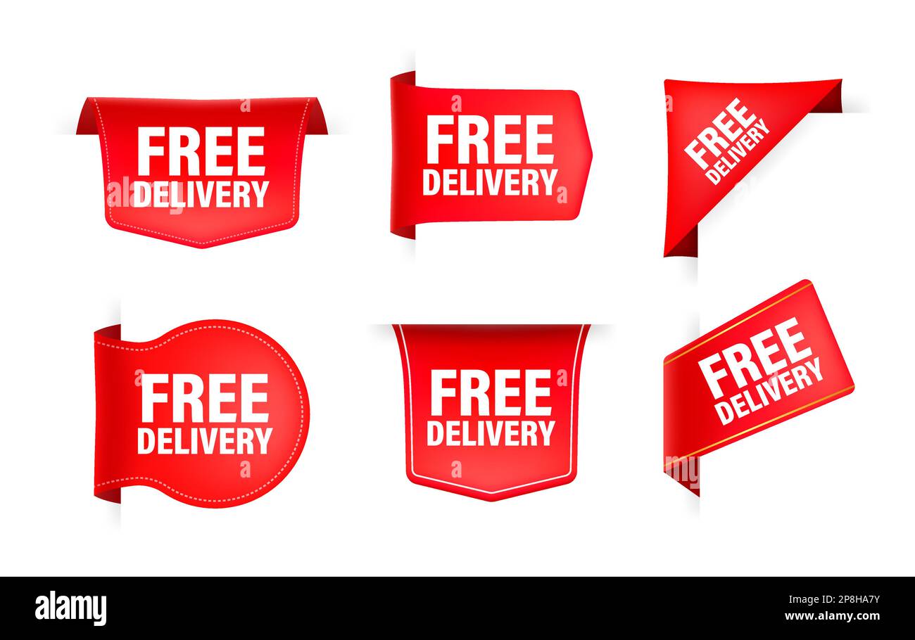 Red ribbon with text free delivery. Banner ribbon label free delivery ...