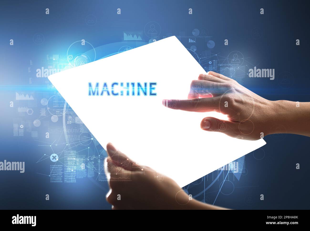 Hand holdig futuristic tablet , technology concept Stock Photo - Alamy