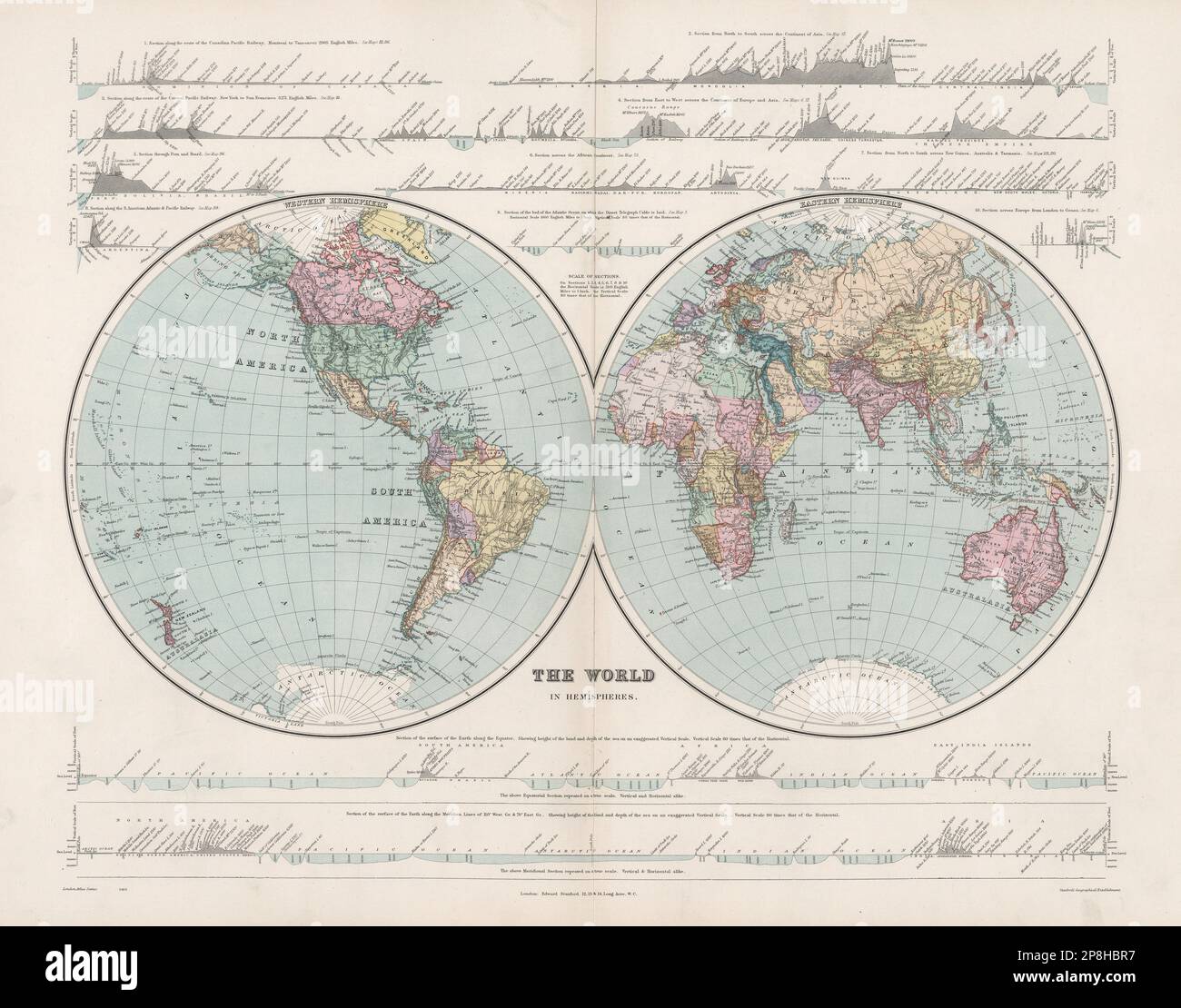 World In Hemispheres with Continental sections. Large 61x49cm. STANFORD ...