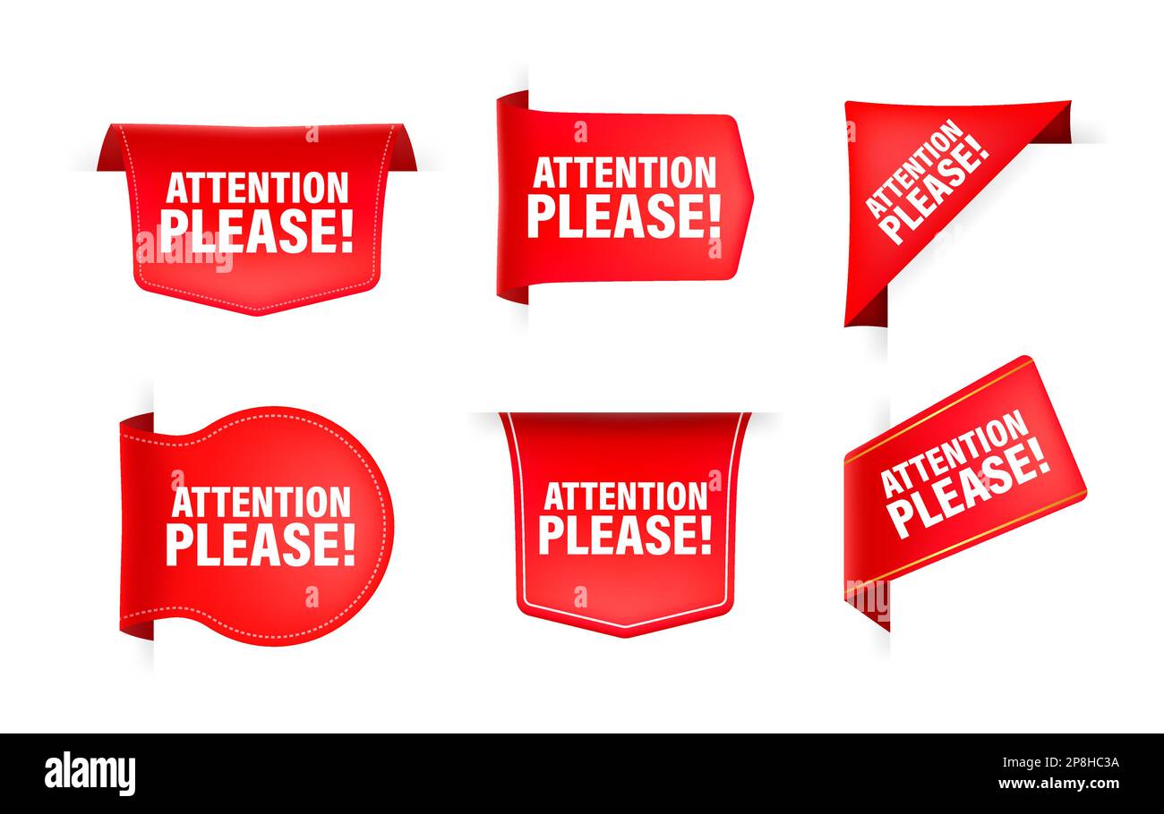 Red ribbon with text attention please. Banner ribbon label attention ...