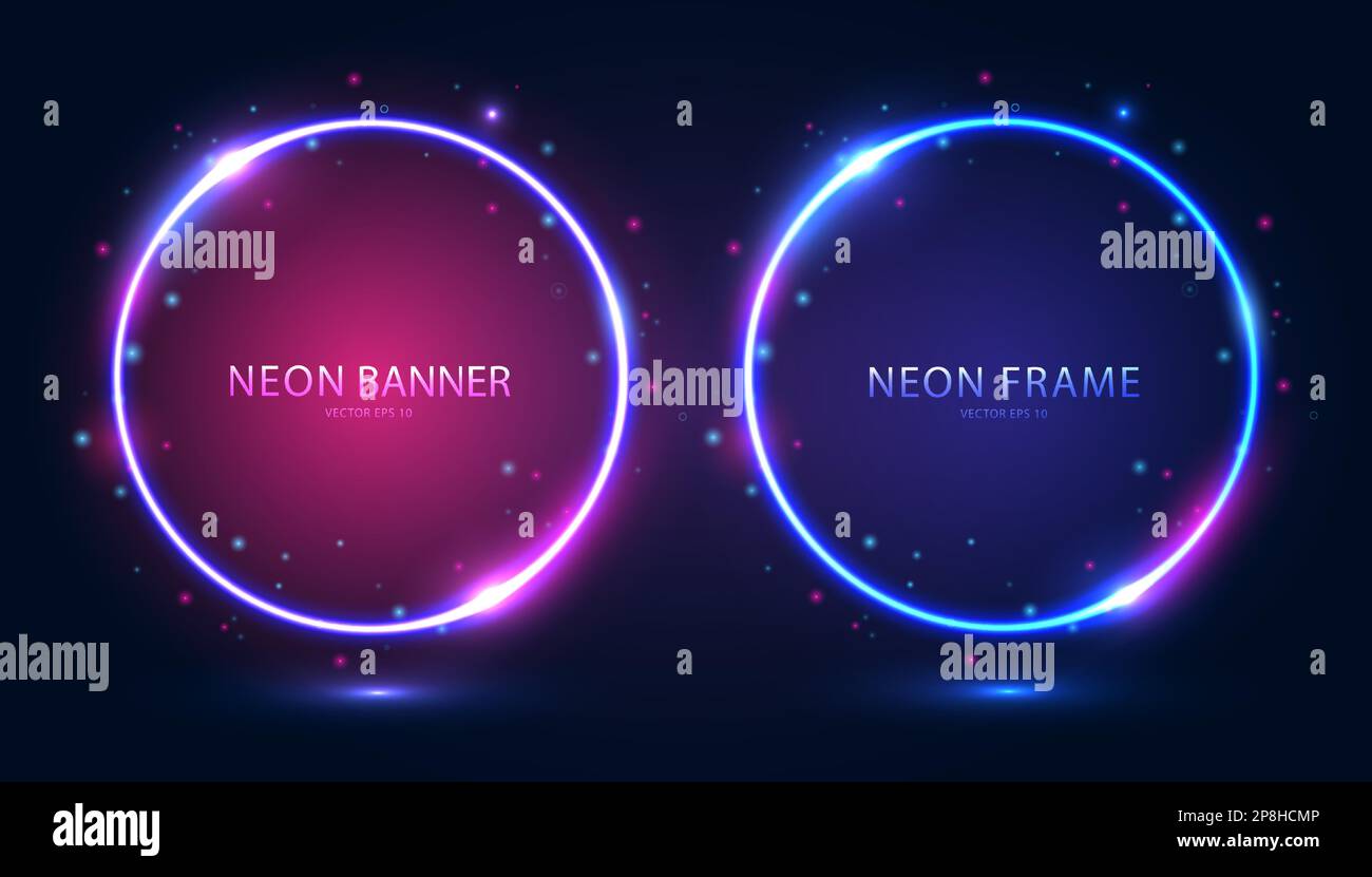 Round neon frames with shining effects and highlights on a dark ...