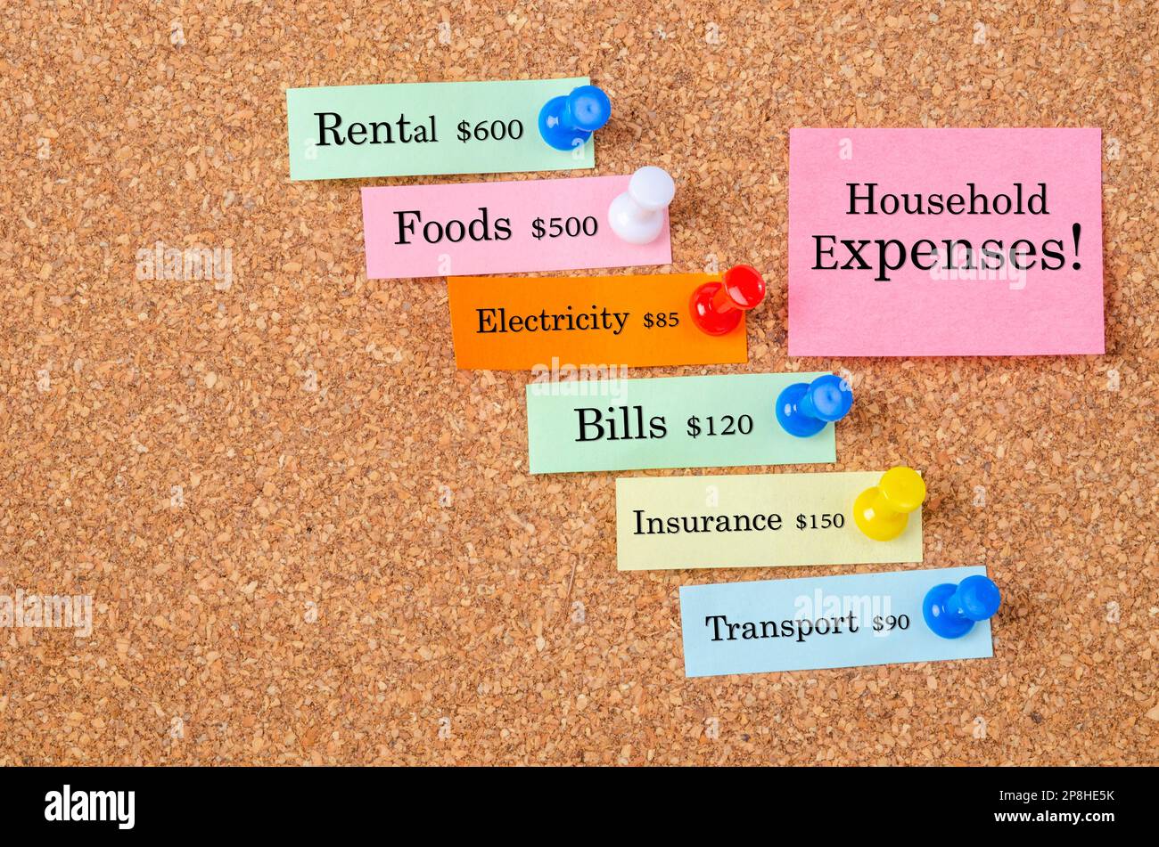 Household expenses types on sticky note at wooden board. Budget ...