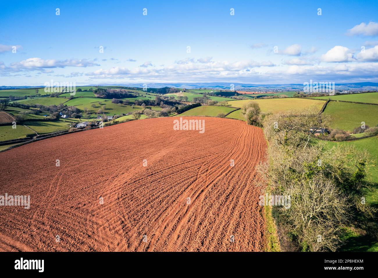 Fields and Farmlands in spring from a drone, Devon, England, Europe ...