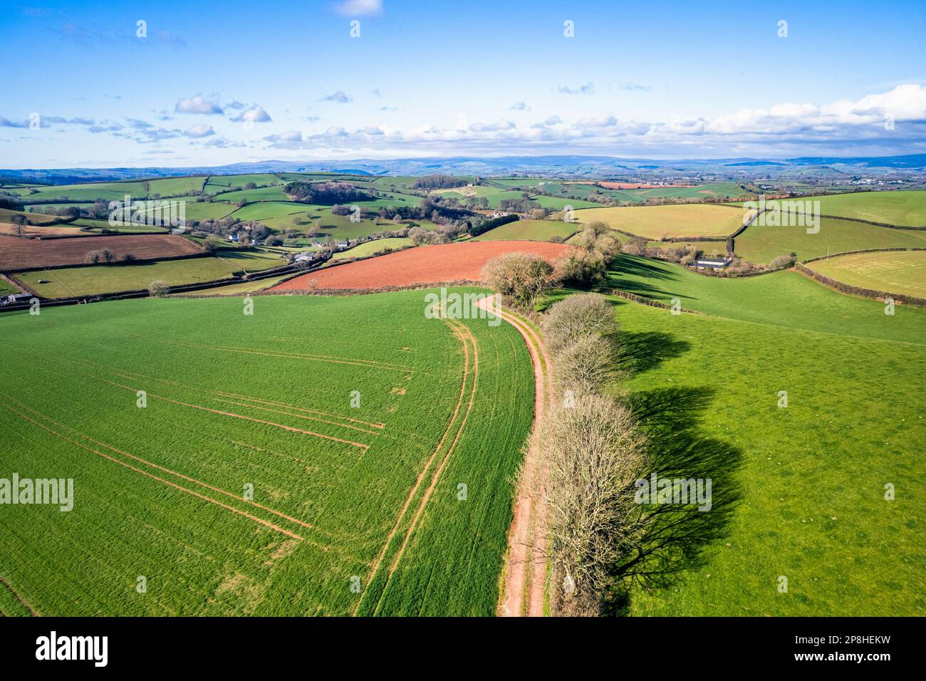 Fields and Farmlands in spring from a drone, Devon, England, Europe ...
