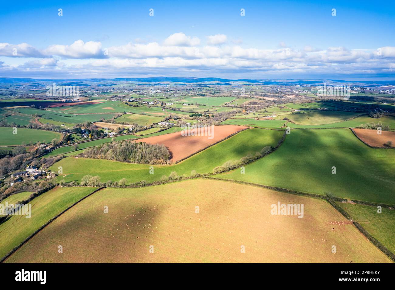 Fields and Farmlands in spring from a drone, Devon, England, Europe ...