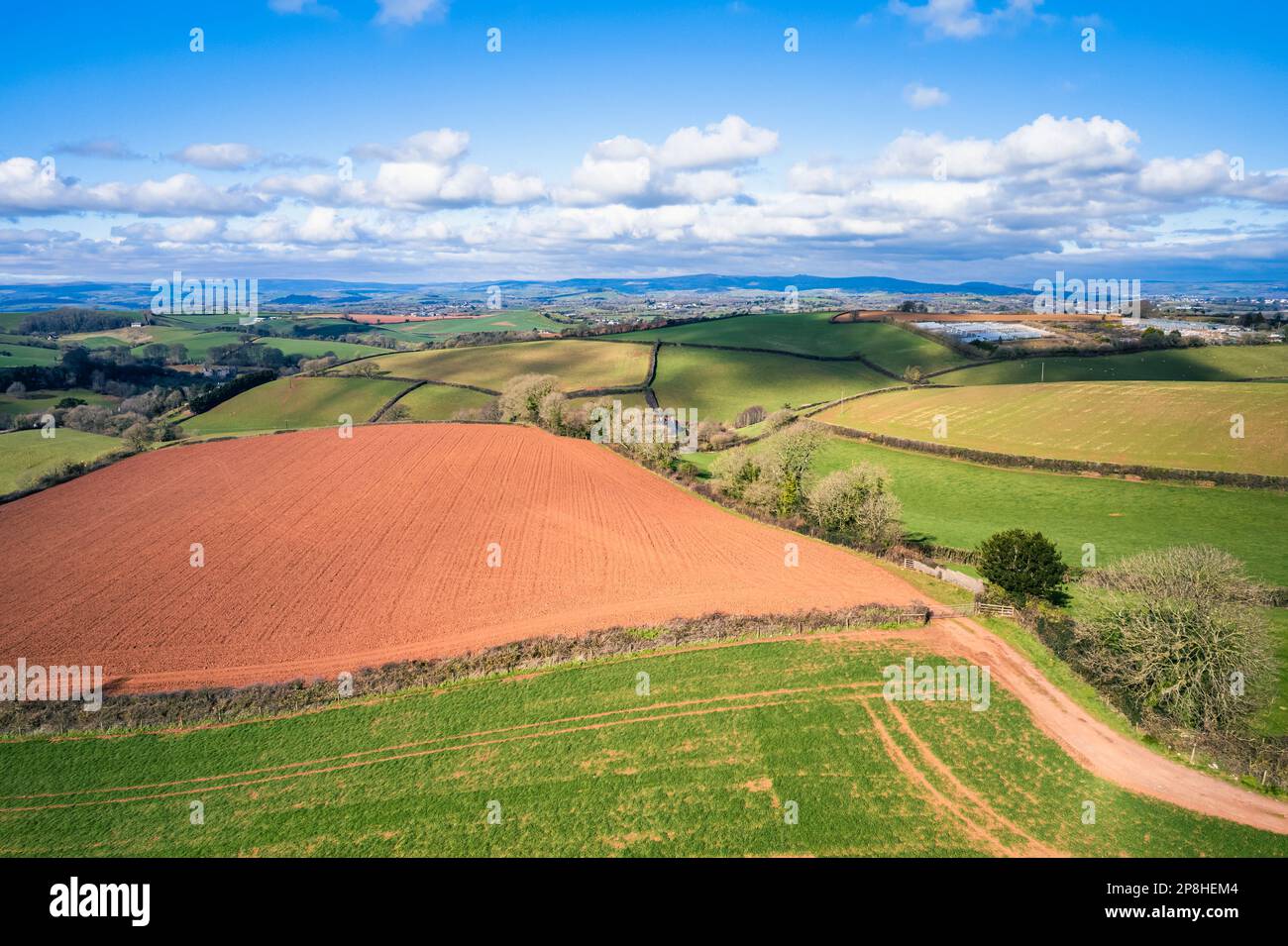 Fields and Farmlands in spring from a drone, Devon, England, Europe ...