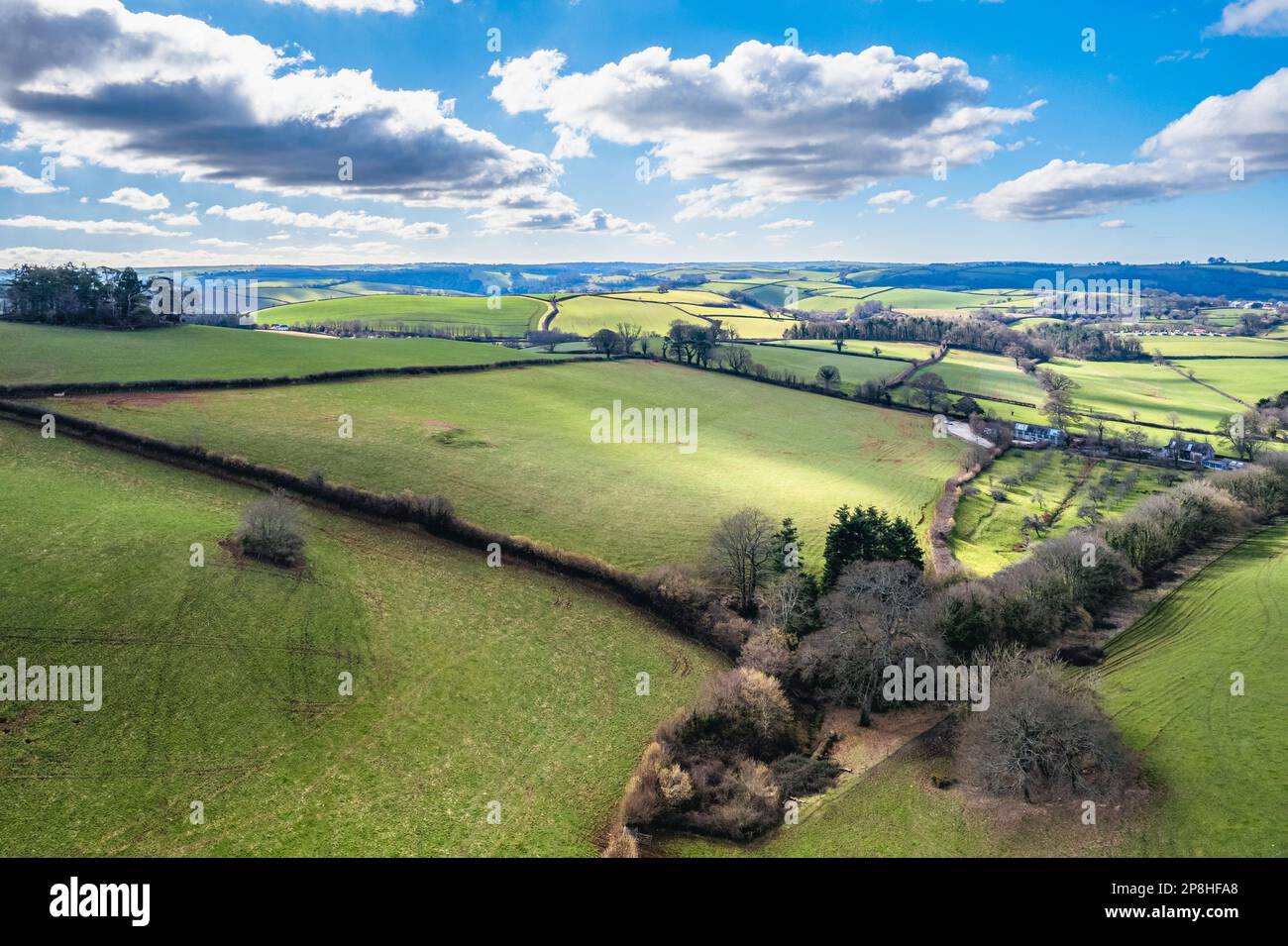 Fields and Farmlands in spring from a drone, Devon, England, Europe ...