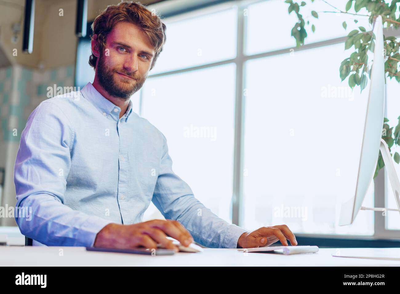 Young bearded businessman using his computer in a modern office place ...