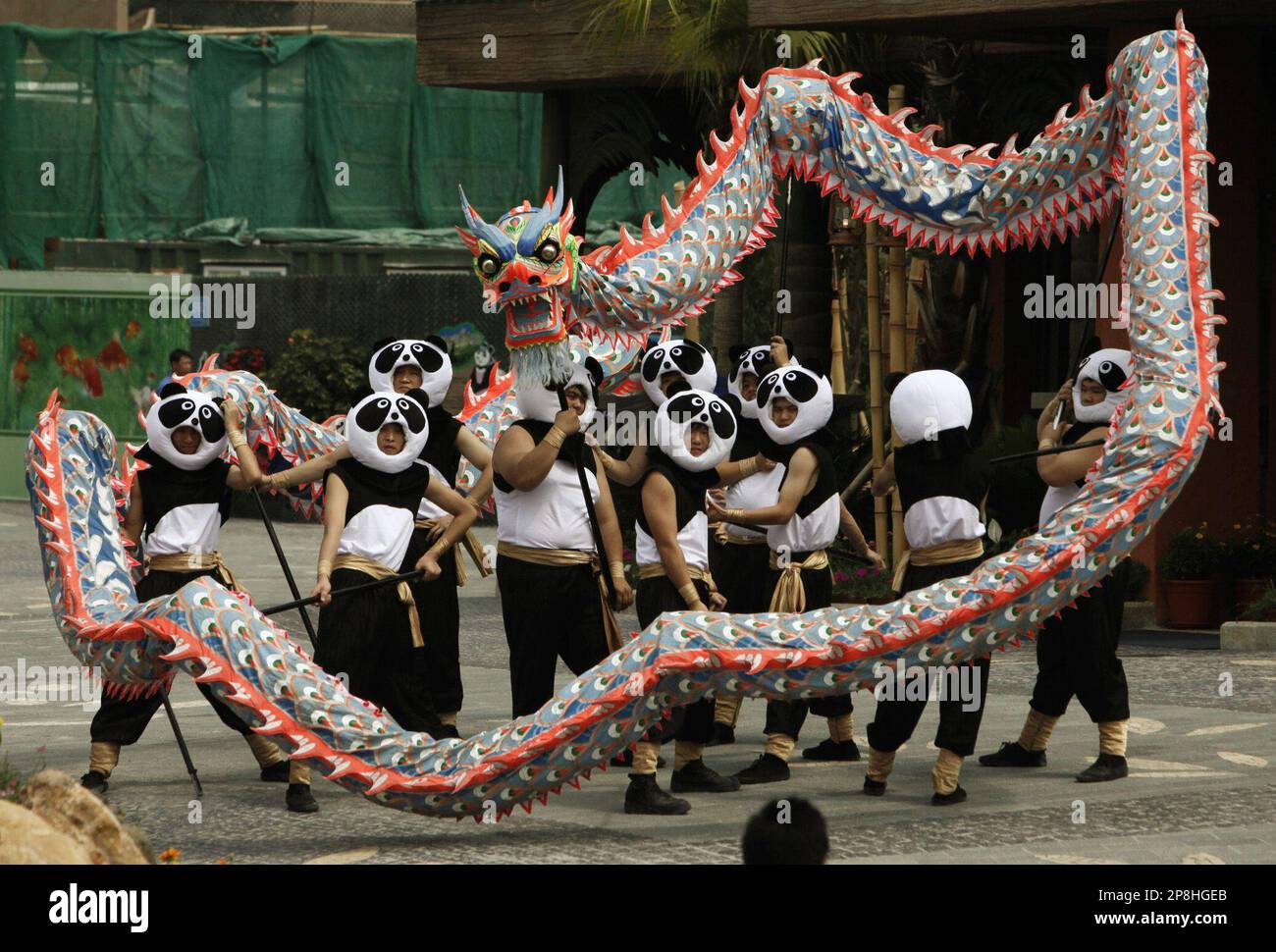 Performers dressing as pandas perform the dragon dance during the ...