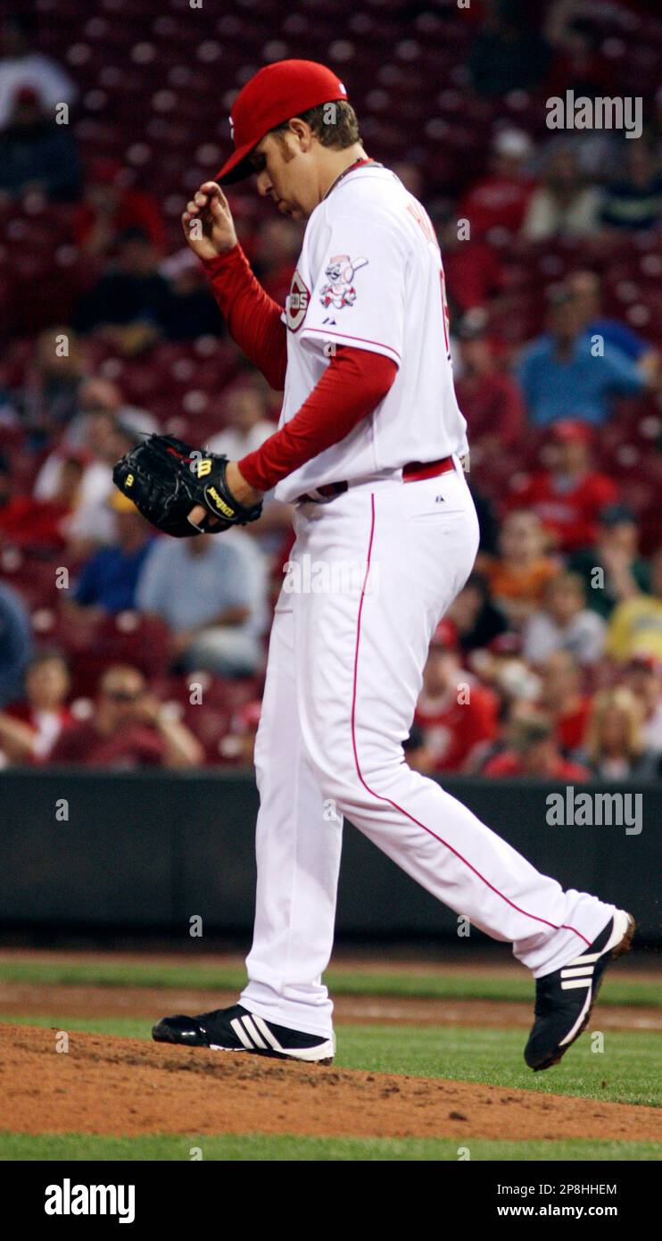 Cincinnati Reds' Aaron Harang reacts after giving up a hit to Houston ...