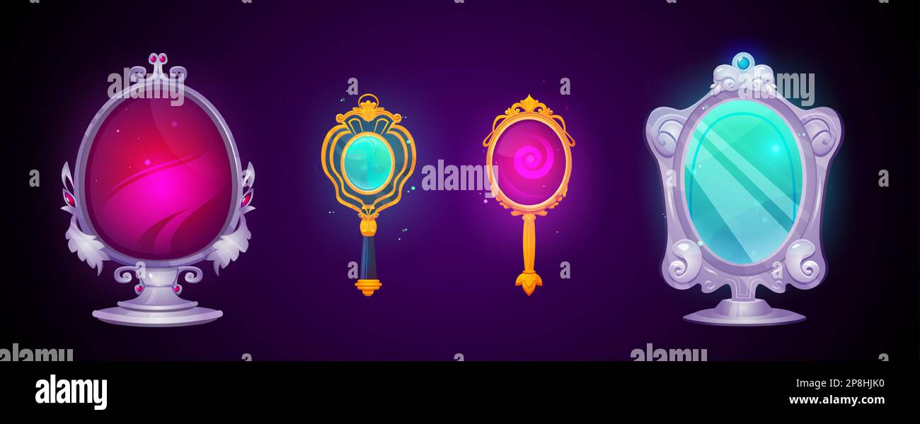 Vintage magic mirror with frame cartoon game illustration. Vector ui ...