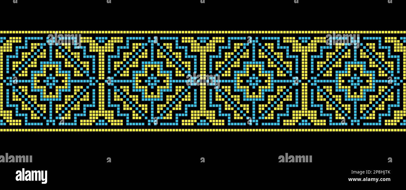 Ukrainian tile mosaic ornament in yellow and blue colors on black ...