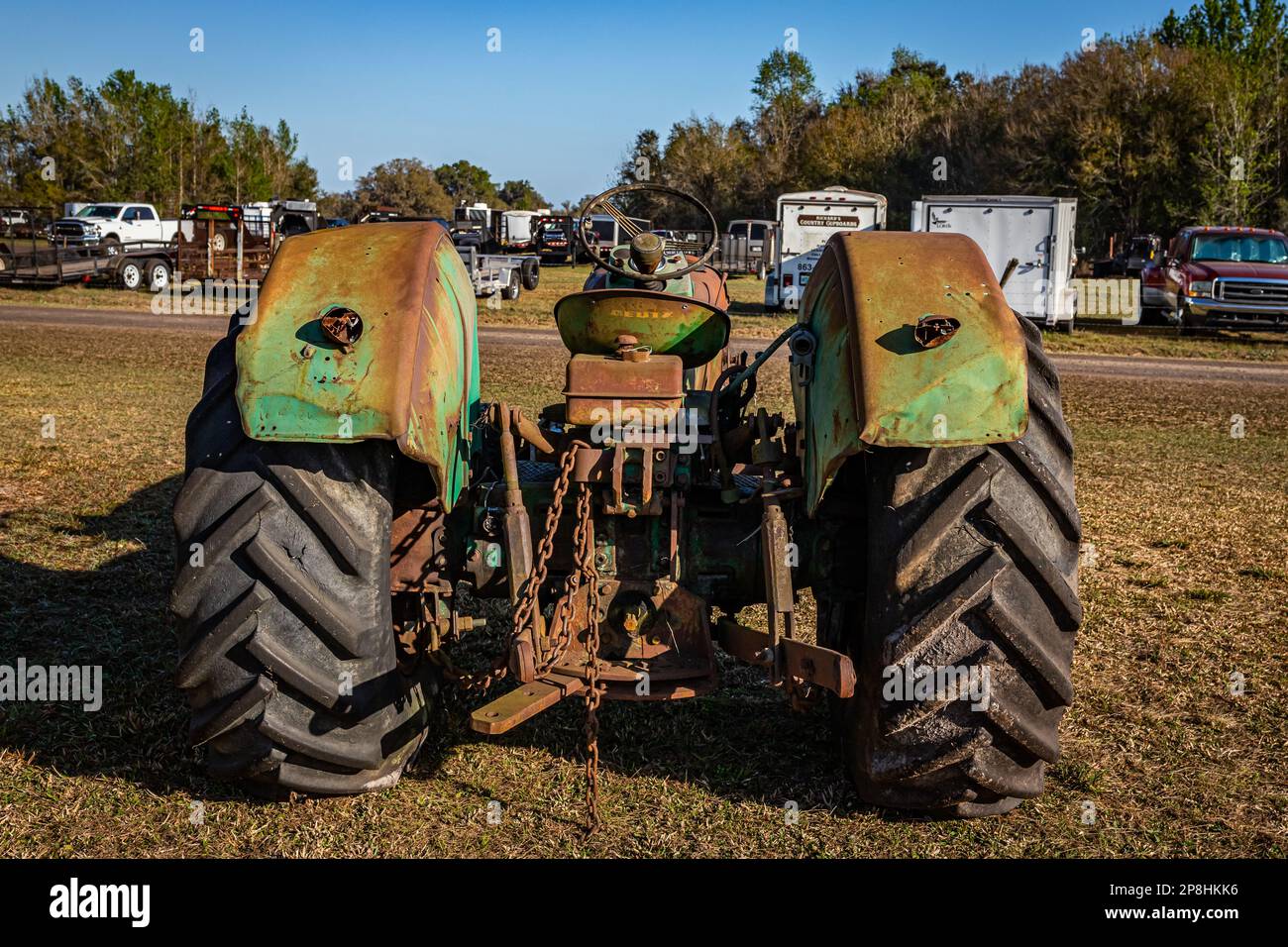 Fort Meade, FL - February 26, 2022: High perspective rear view of a ...