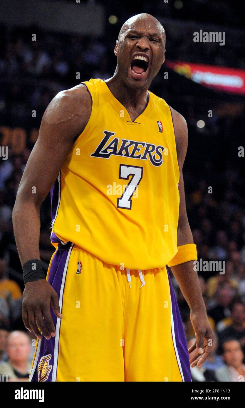 Los Angeles Lakers forward Lamar Odom celebrates a basket against the ...