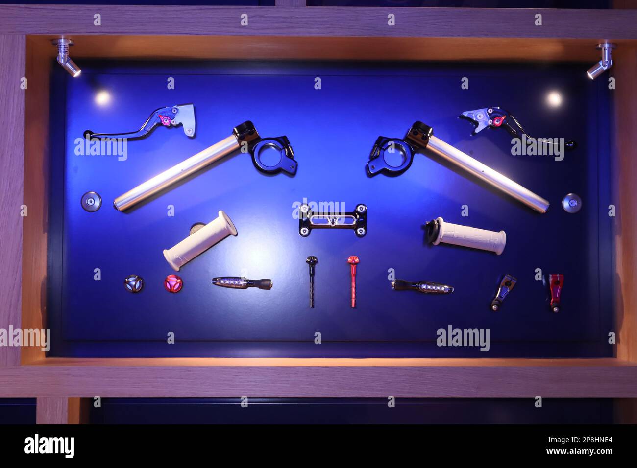 Display case of Motorbike parts Stock Photo - Alamy