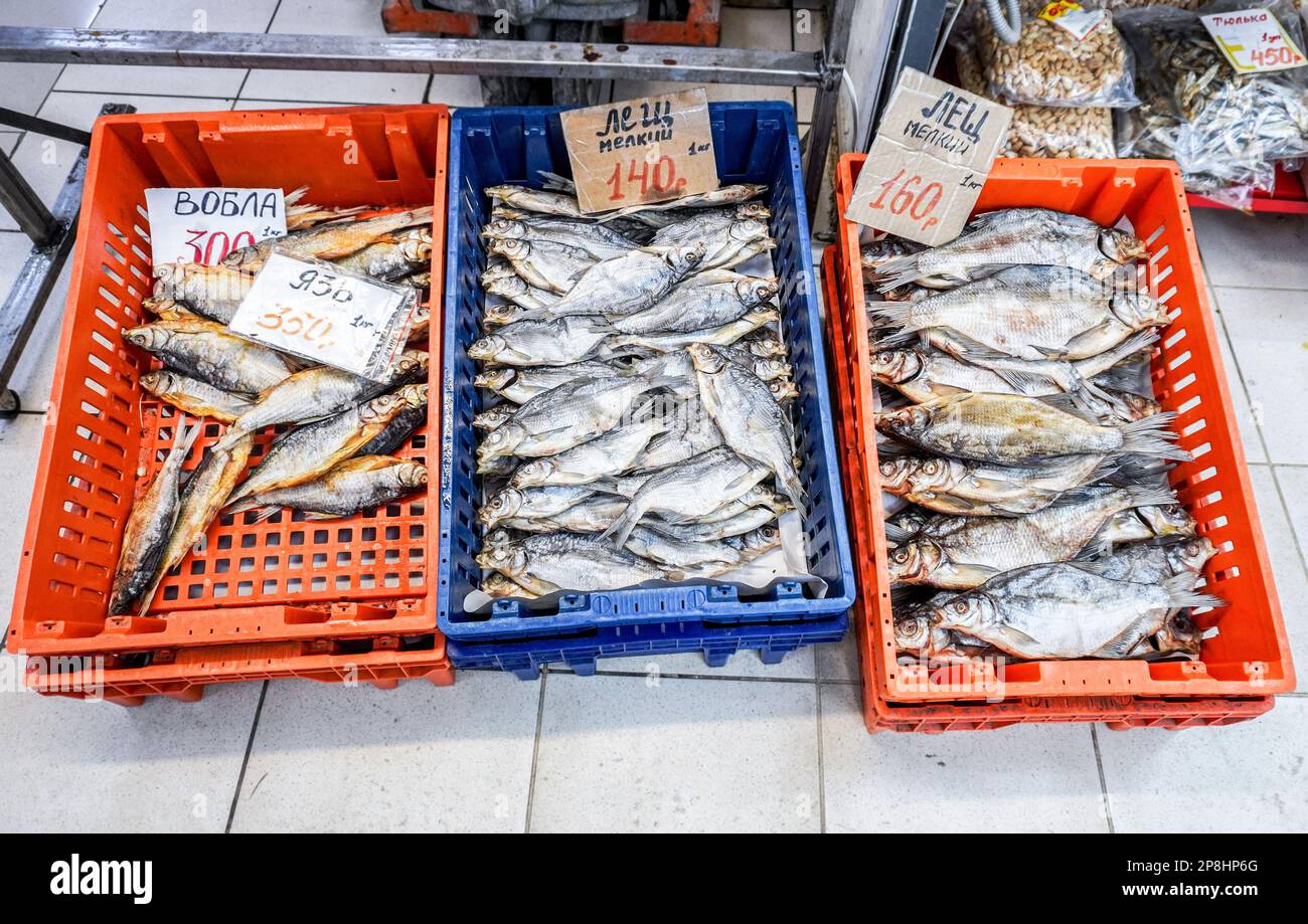 Tasty different dried salt fish ready to sale at the farmers market ...