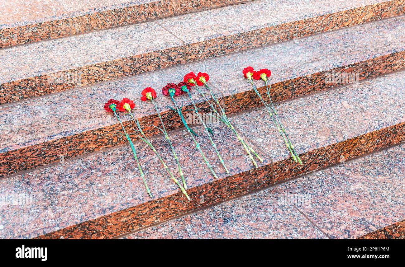 Red carnation flowers on granite steps near the eternal flame on the ...