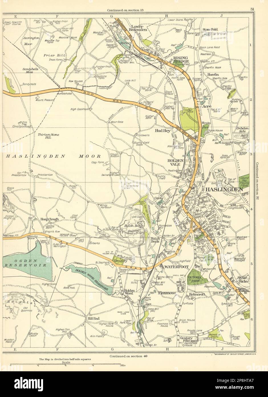 LANCASHIRE Haslingden Hud Hey Holden Vale Waterfoot Flaxmoss 1935 map ...