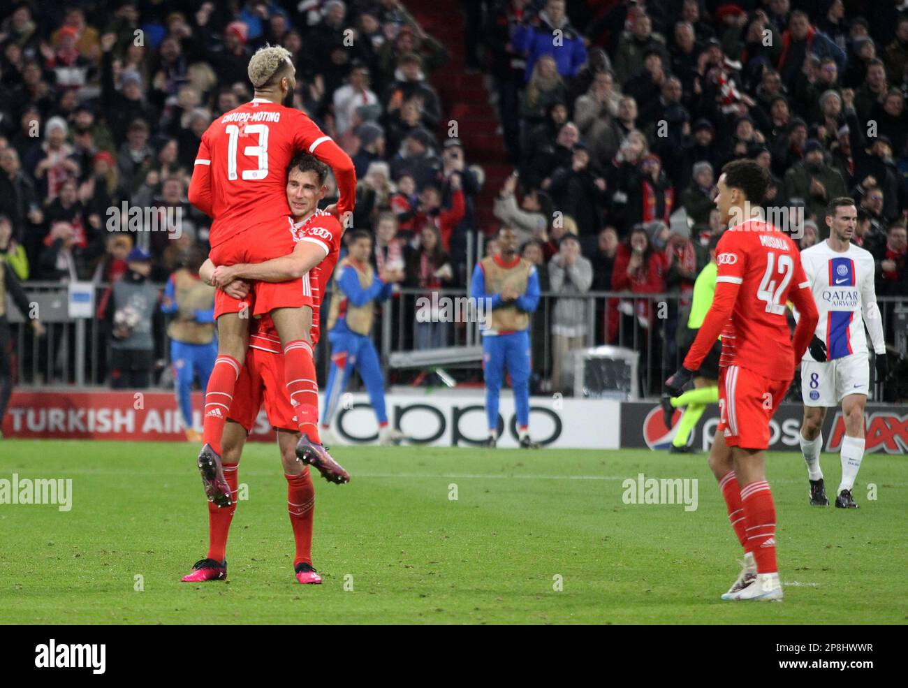 Munich, Germany. , . goal celebration by Leon Goretzka and 13 Eric ...