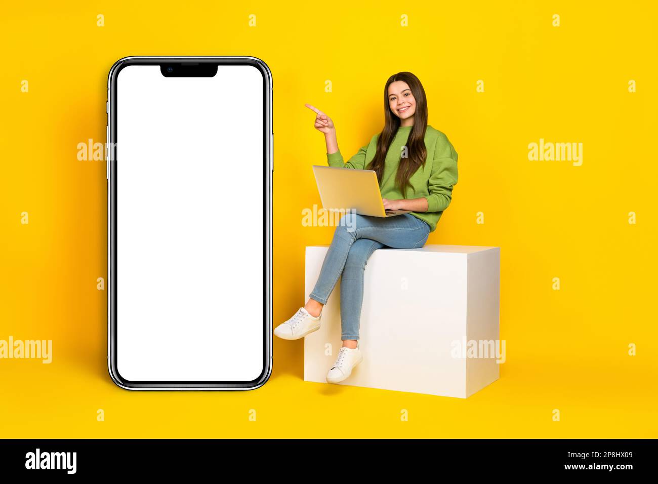 Full size photo of young girl indicate finger banner select recommend ...