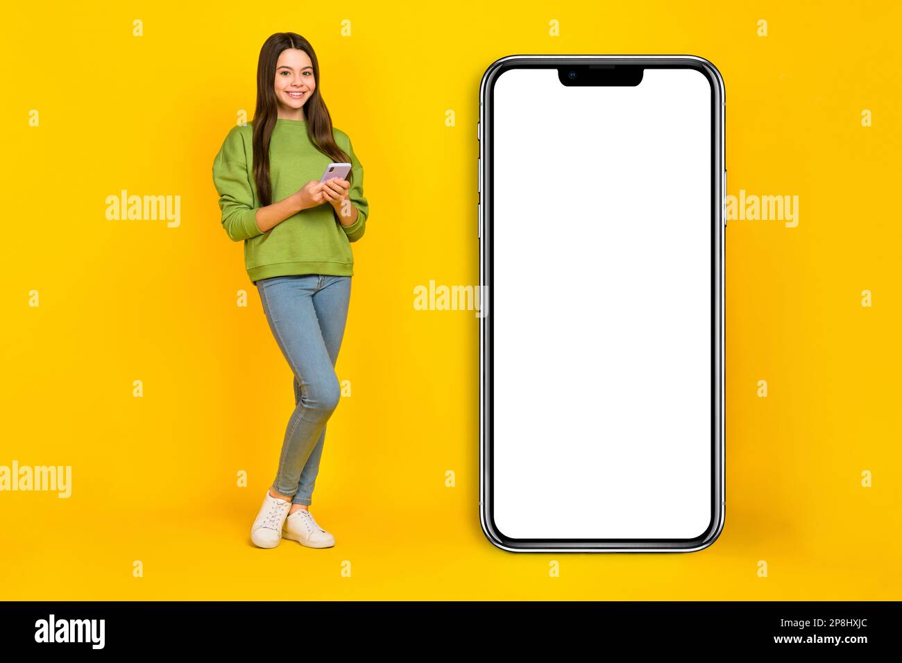 Full size photo of young girl use mobile poster promo application ...