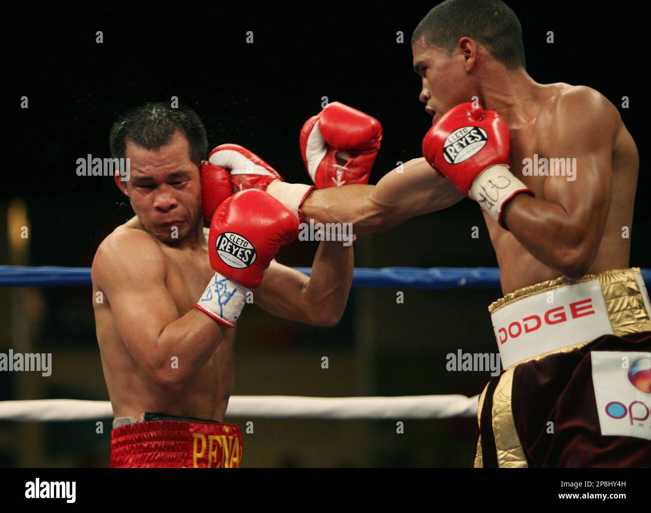 Puerto Rican boxer Juan Manuel Lopez, right, lands a blow to the head ...