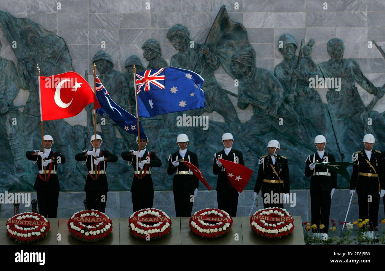 Turkish soldiers, holding national flags of Turkey, Australia and New ...