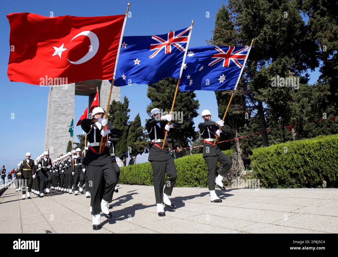 Turkish soldiers, holding national flags of Turkey, Australia and New ...