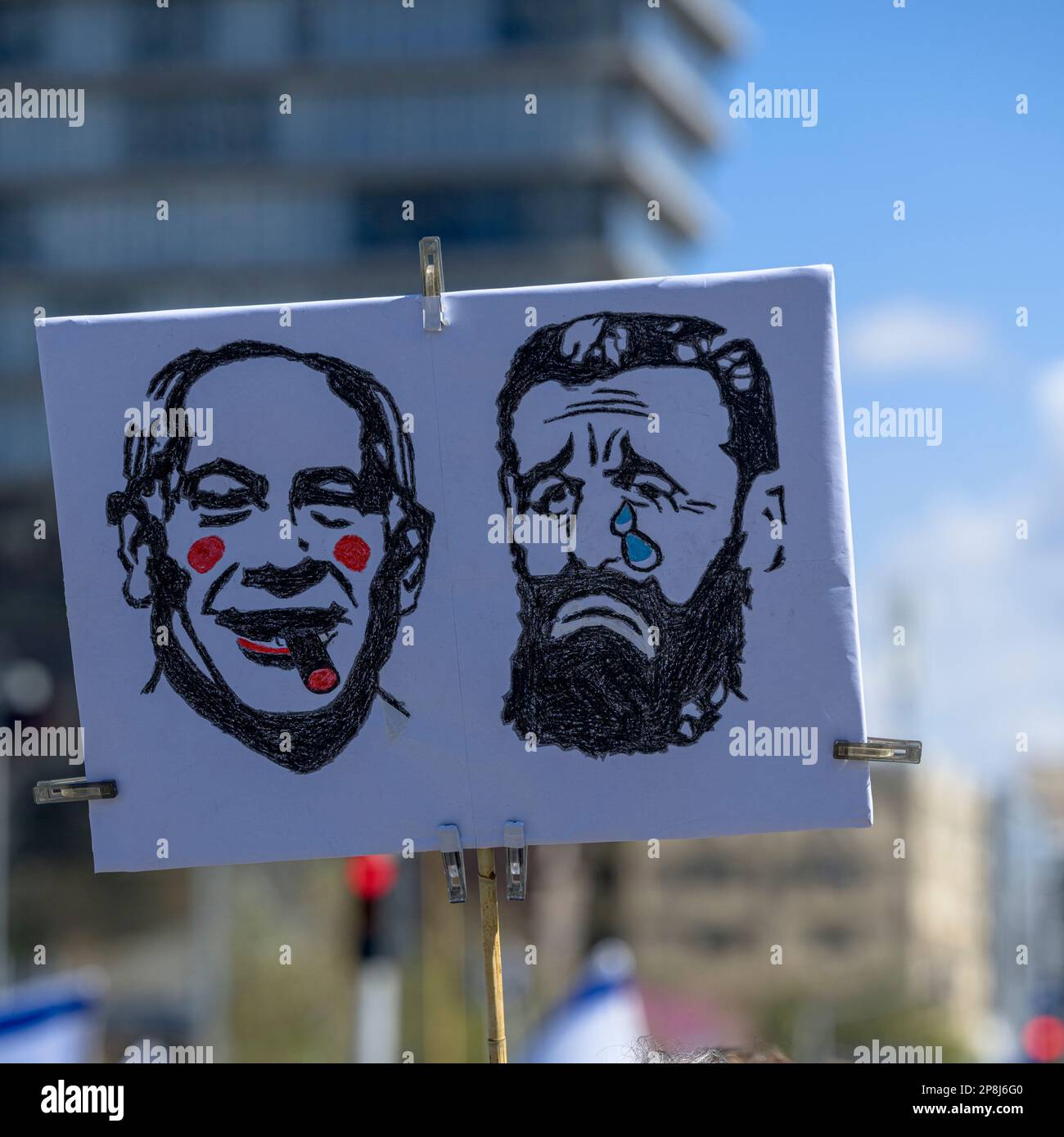Herzl crying and image of Bibi Netanyahu smiling Credit: James Margolis ...