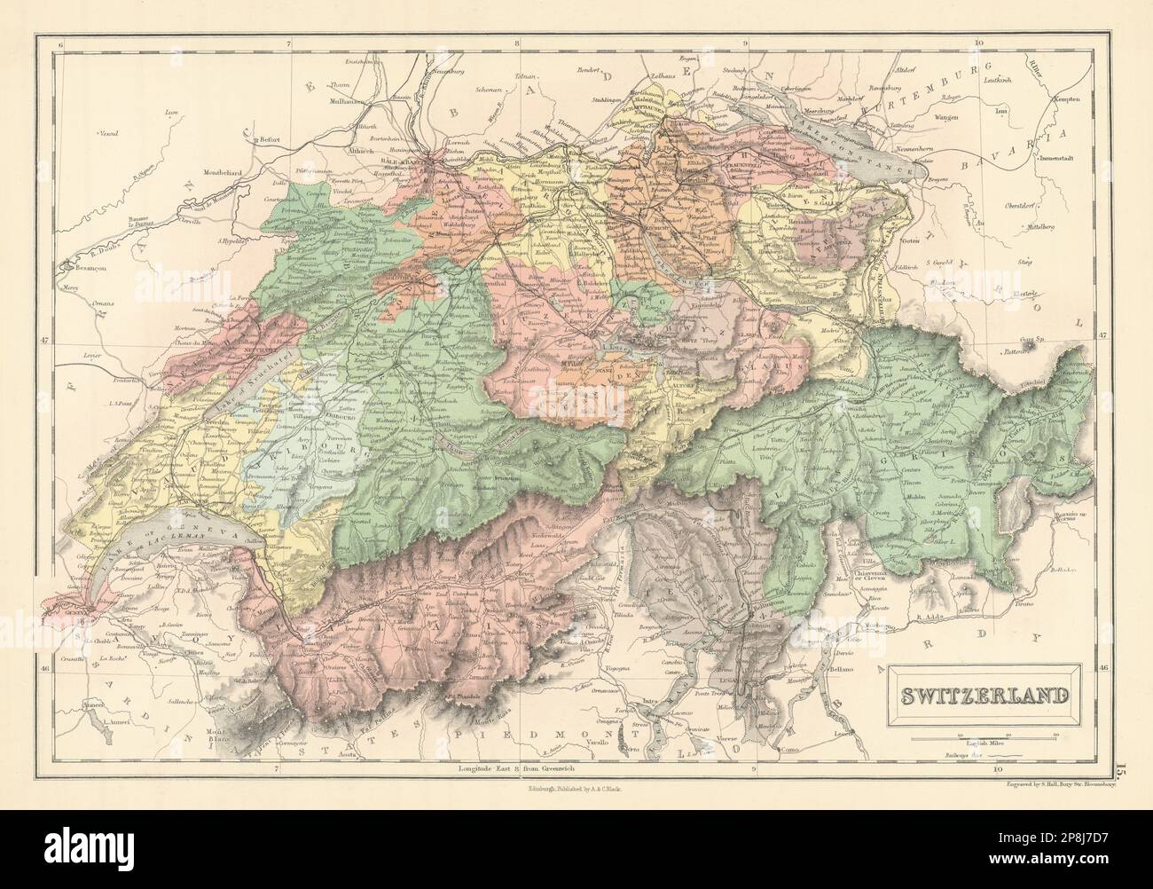 Switzerland showing cantons, rivers, roads & railways. SIDNEY HALL 1862 ...