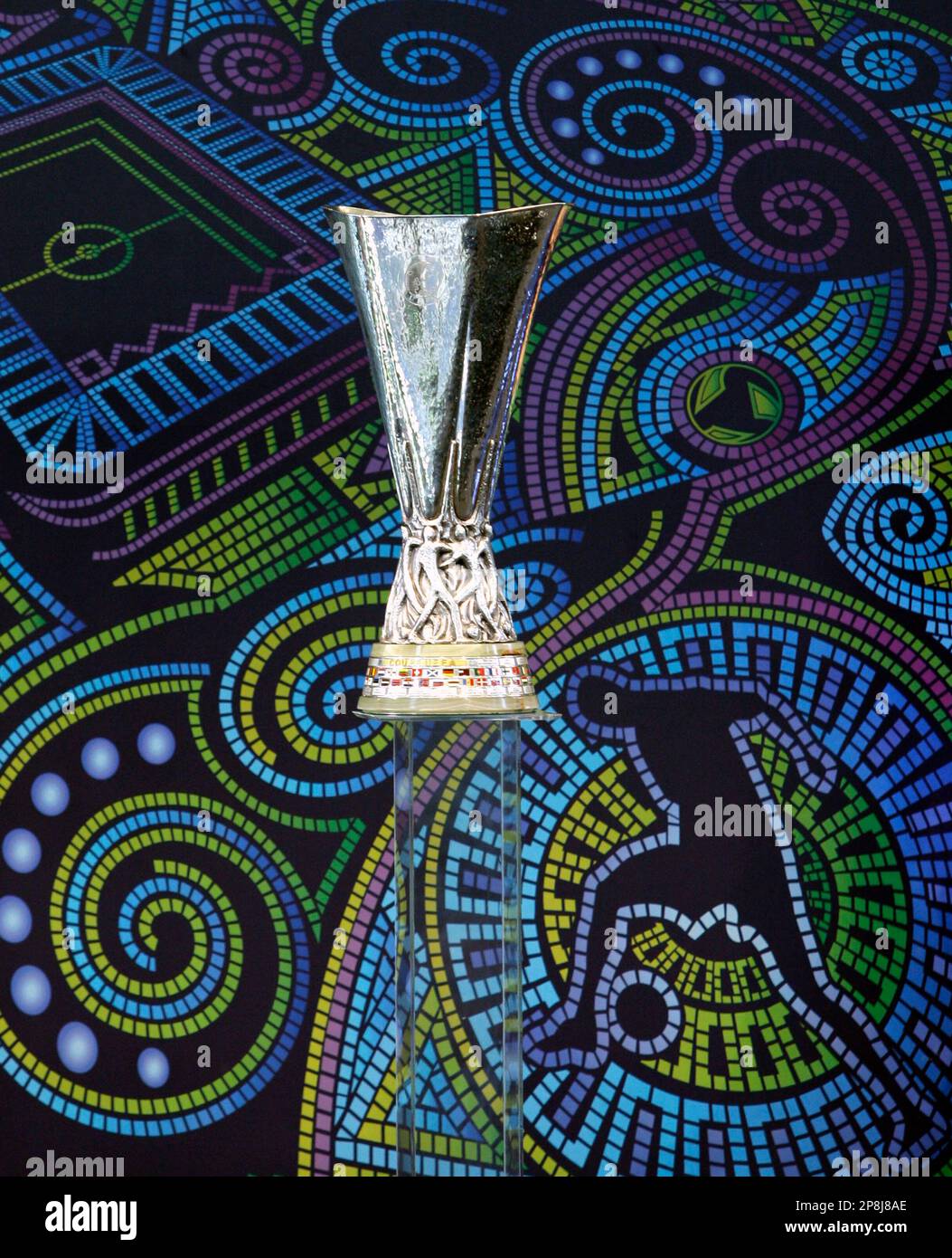 The UEFA Cup trophy is seen displayed after a handover ceremony in ...