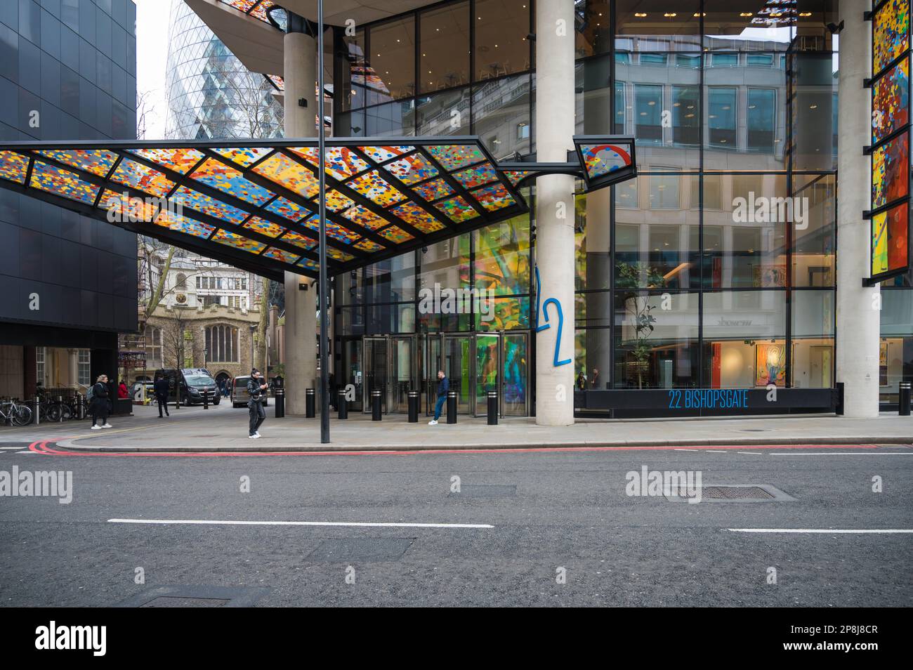 The main entrance with colourful glass canopy of 22 Bishopsgate, a ...