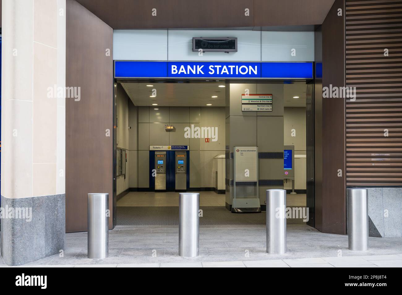 Entrance to Bank underground station situated in the Bloomberg building ...