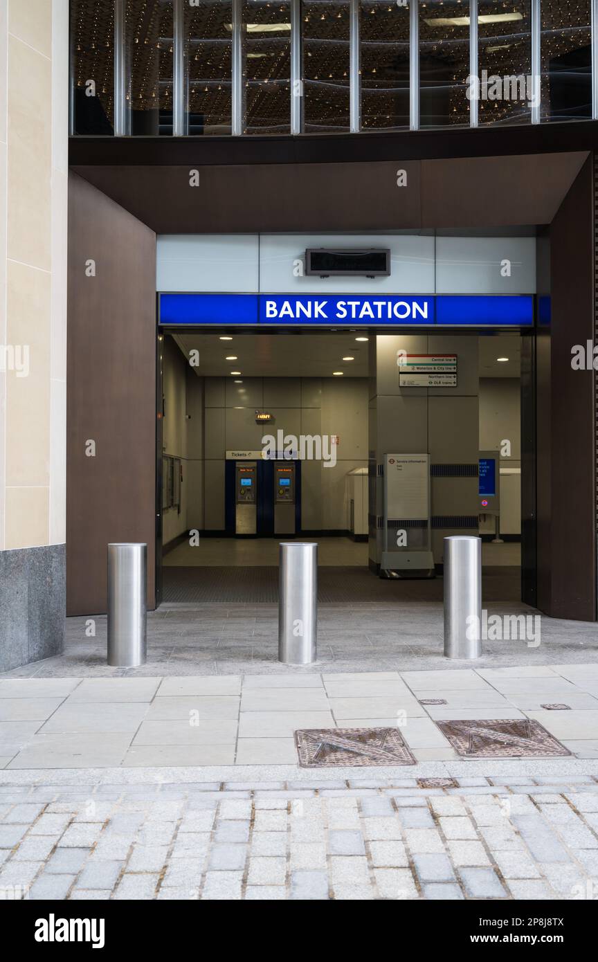 Entrance to Bank underground station situated in the Bloomberg building ...