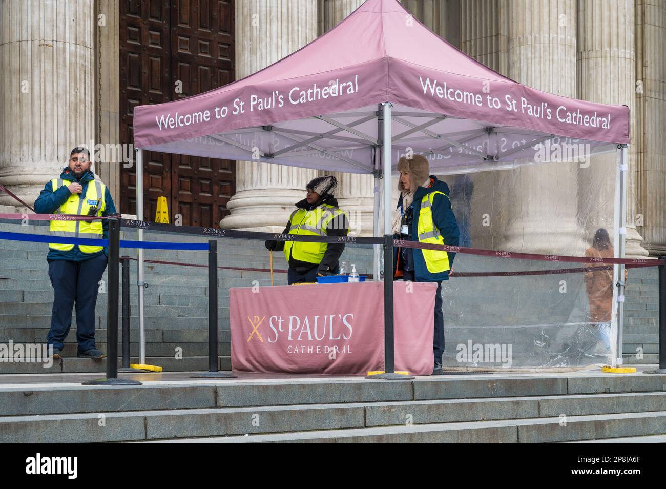 Safety and security checking station for visitors entering St Paul's Cathedral. London, England ...
