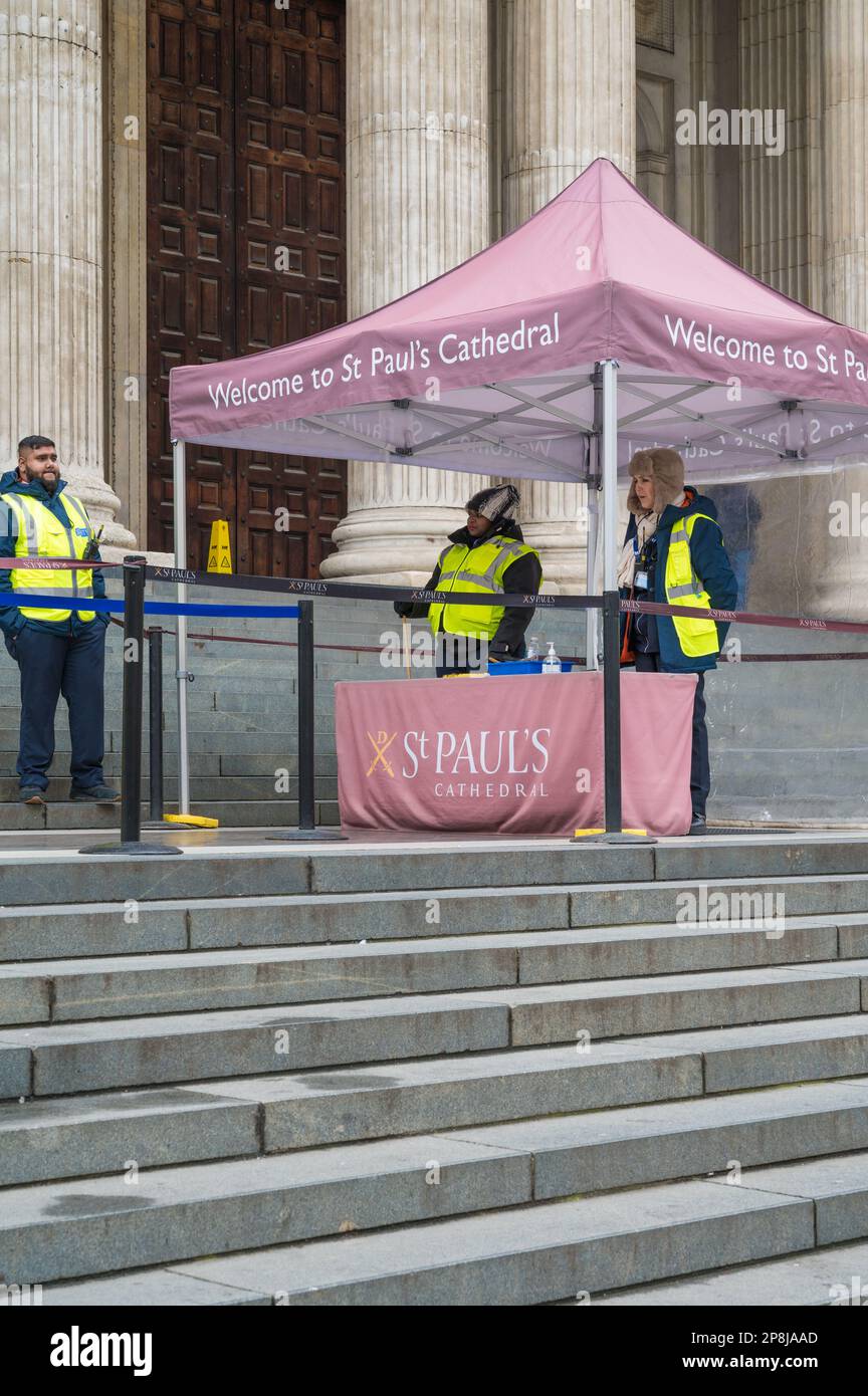 Safety and security checking station for visitors entering St Paul's Cathedral. London, England ...