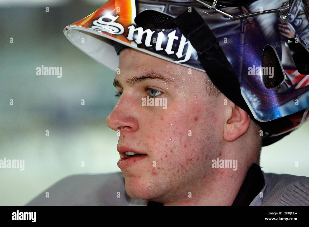 Goaltender Ruben Smith of Norway's national team looks on during a ...