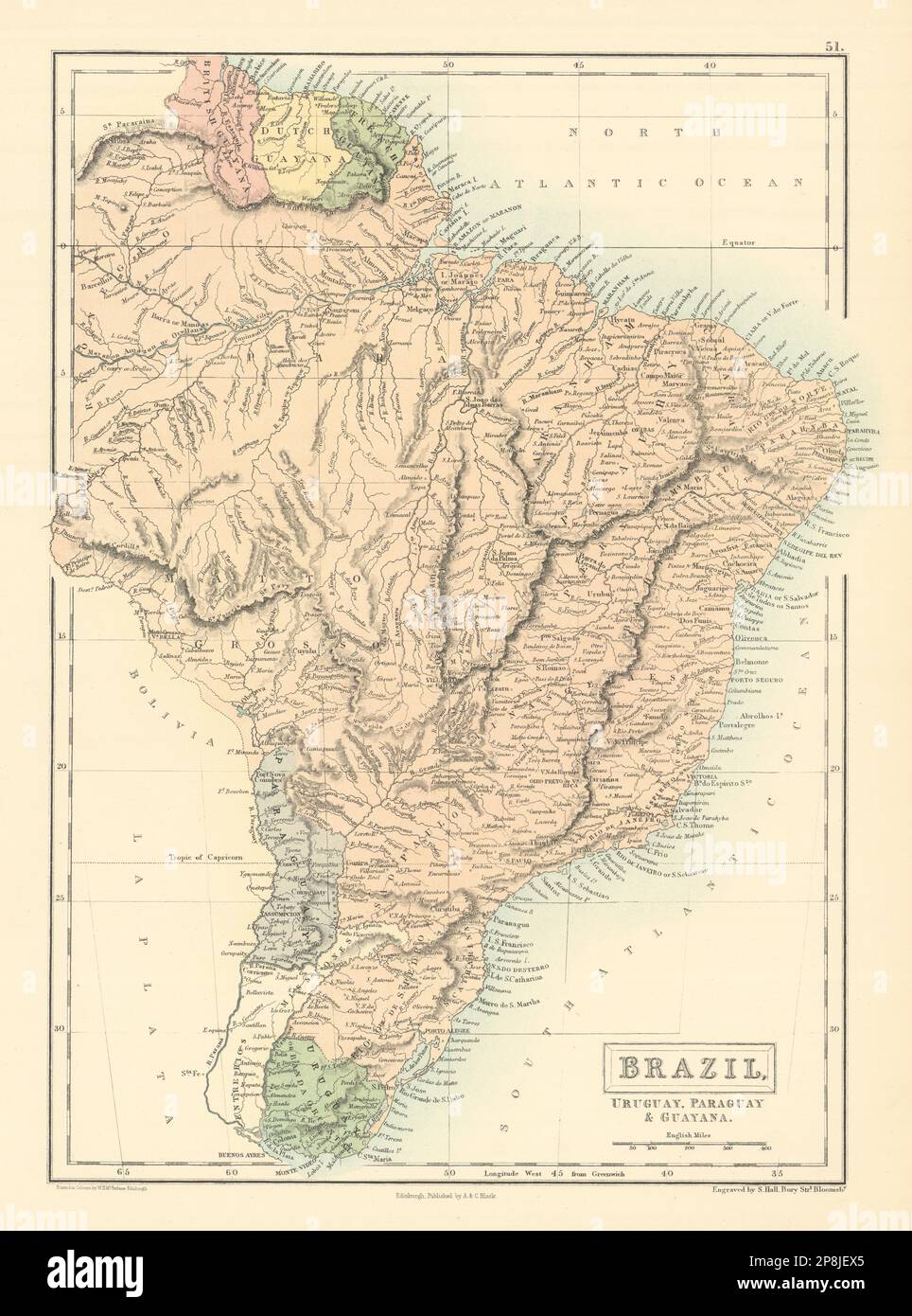Brazil, Uruguay, Paraguay & Guayana. Guyanas. BARTHOLOMEW 1862 old ...
