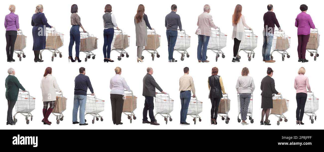 a group of people with a cart stand with their backs isolated Stock ...