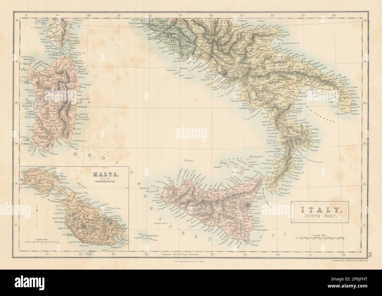 Italy, south part. Inset Malta. Sardinia Sicily. SIDNEY HALL 1862 old ...