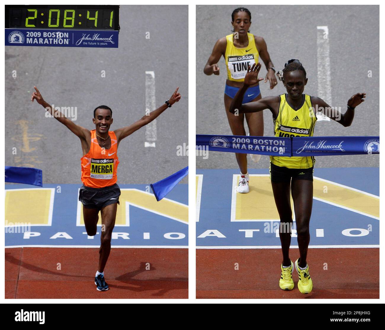 This two picture combination shows Deriba Merga of Ethiopia, at left ...