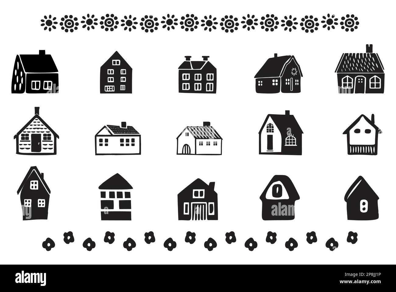 Collection of cottage house motifs in block print style. Set of ...