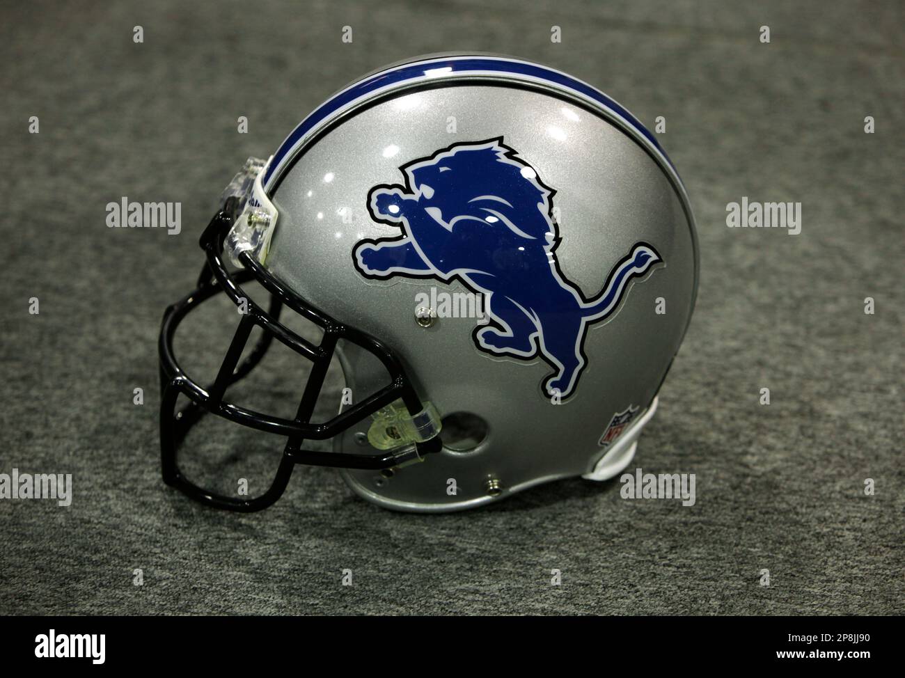 A Detroit Lions helmet is shown with the new team logo in Madison ...