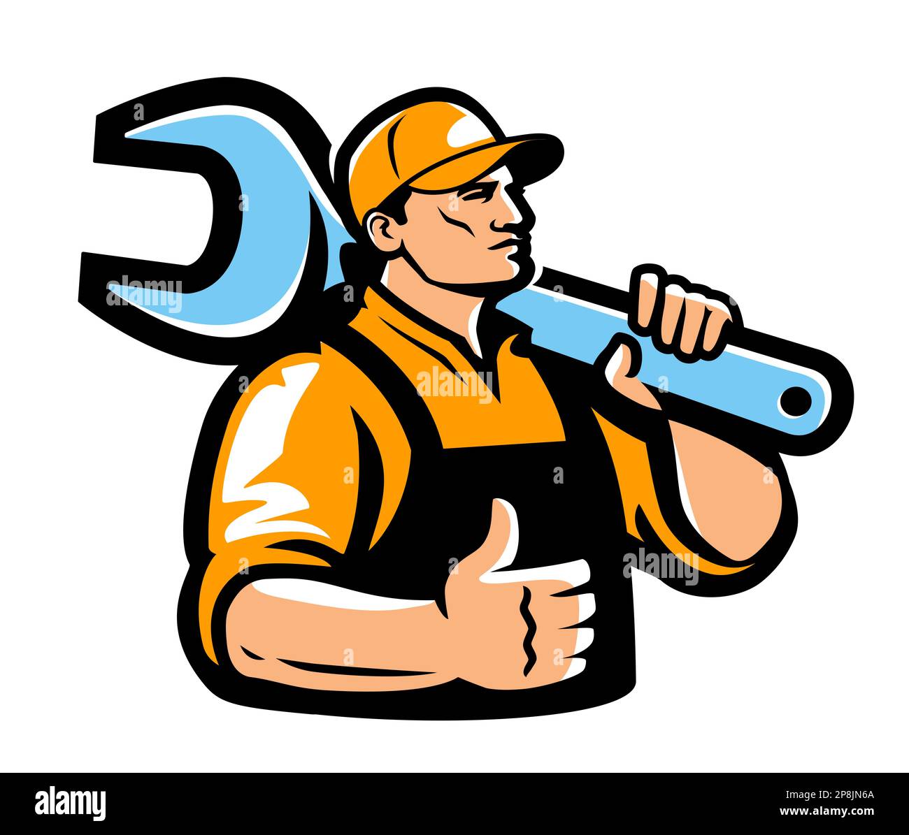 Construction worker, engineer emblem illustration. Builder with wrench ...