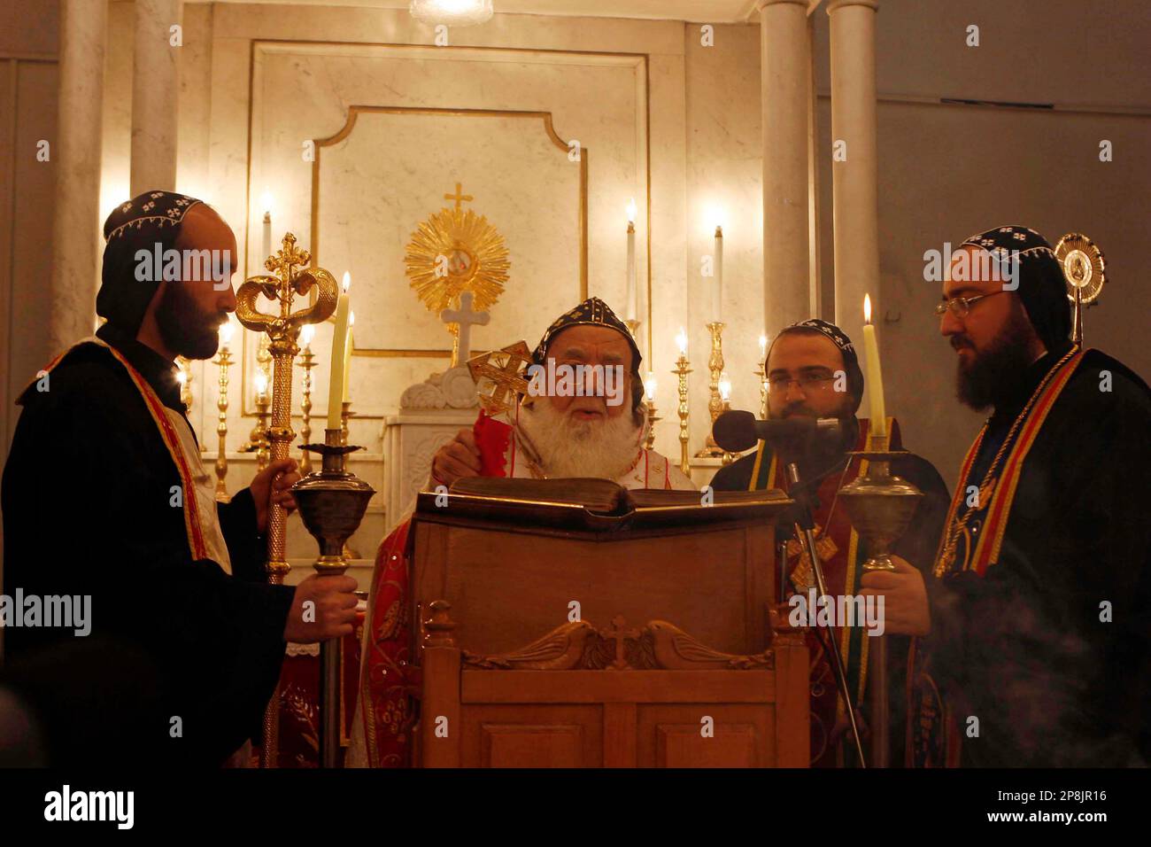 Syrian Orthodox Patriarch Zaka Iwas I delivers a sermon during a mass ...