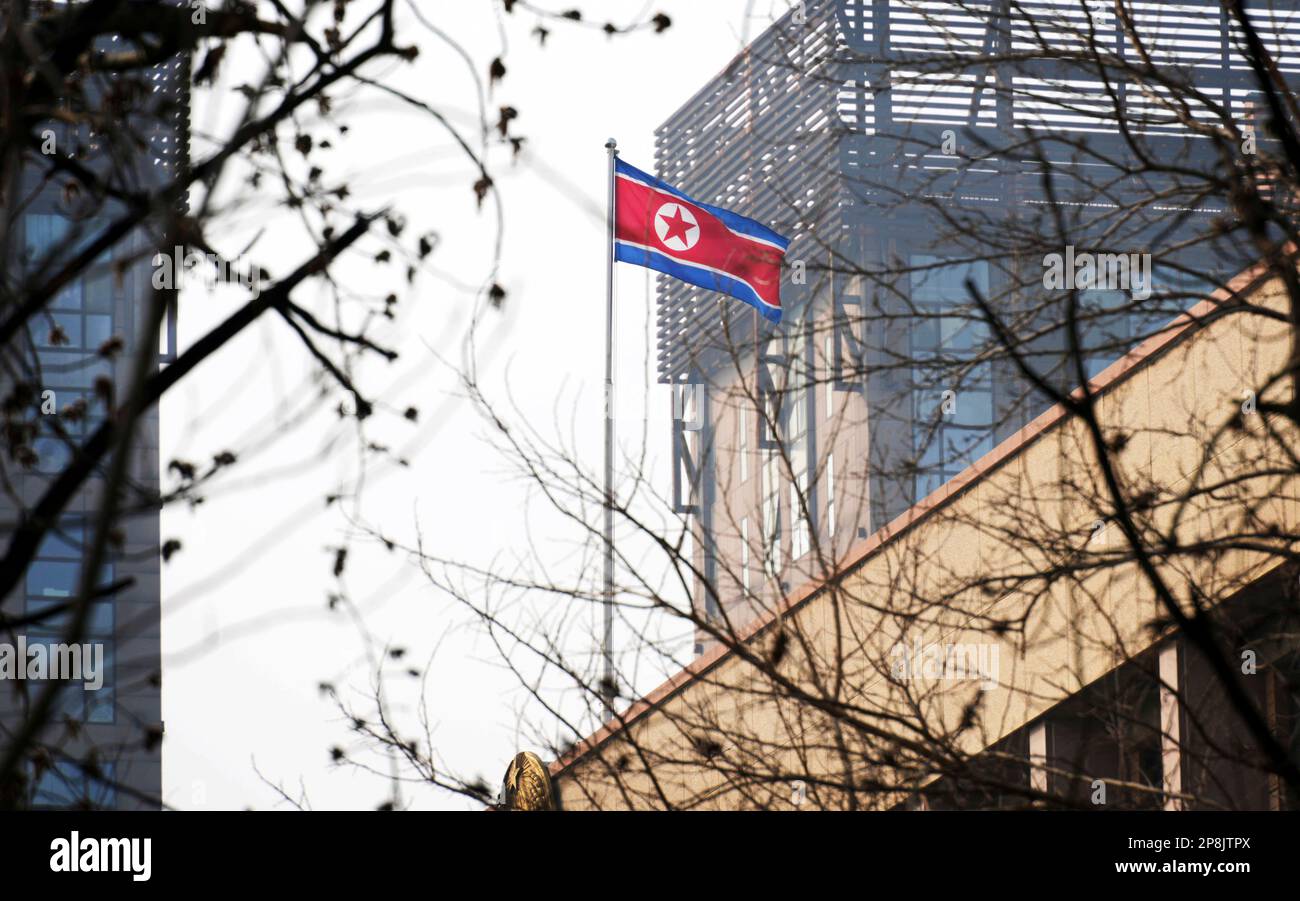 The North Korean national flag is hoisted at the North Korean embassy ...