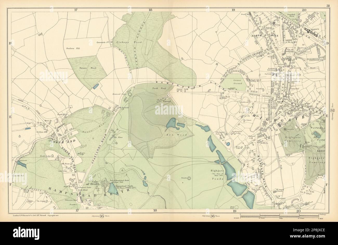 HAMPSTEAD HEATH Highgate Golders Green Hampstead Garden Suburb 1900 map ...