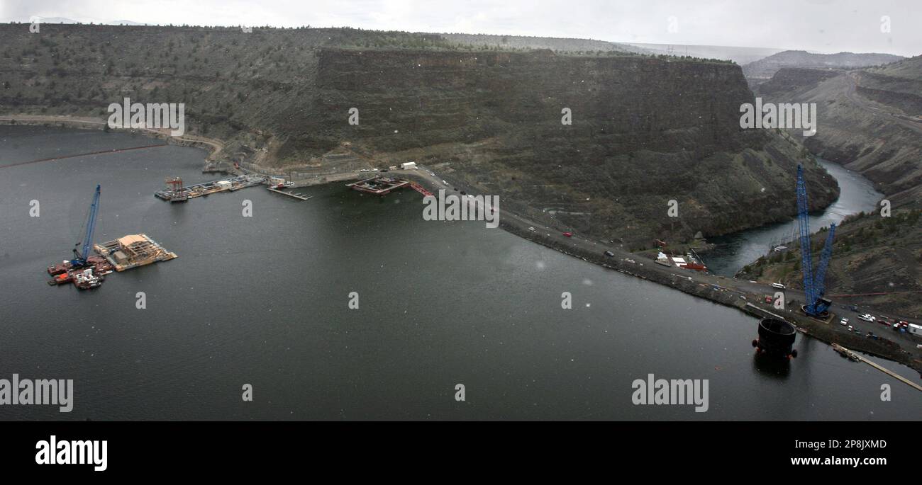 The fish and water intake tower is seen next to the Round Butte Dam on ...